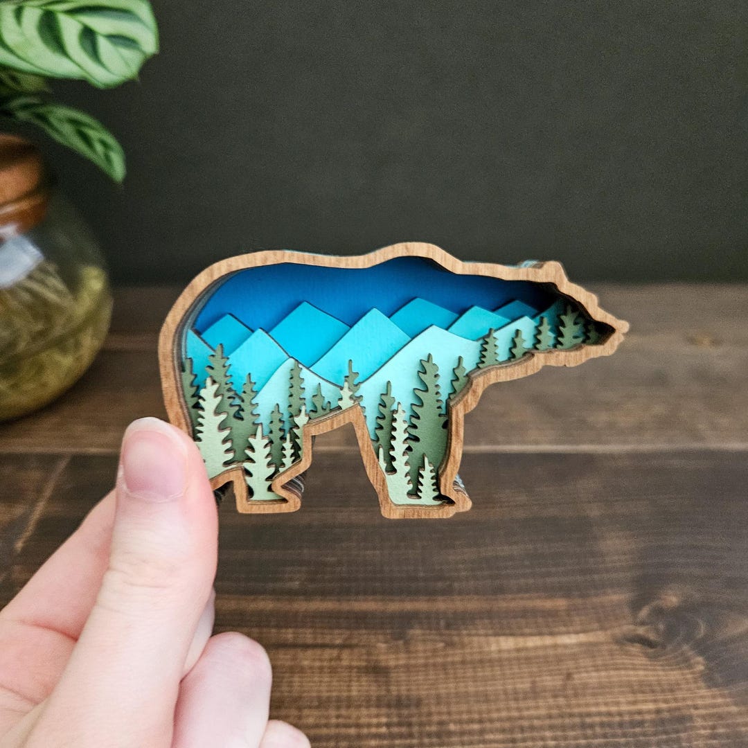 Mini Bear Wood Magnet | 3D Layered Animal Art | Cabin Fridge Magnet ...