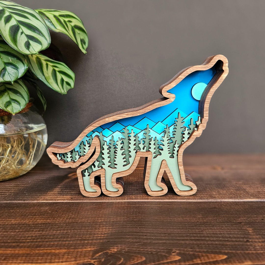 Howling Wolf Wood Art – 3D Layered Wolf Silhouette With Forest ...