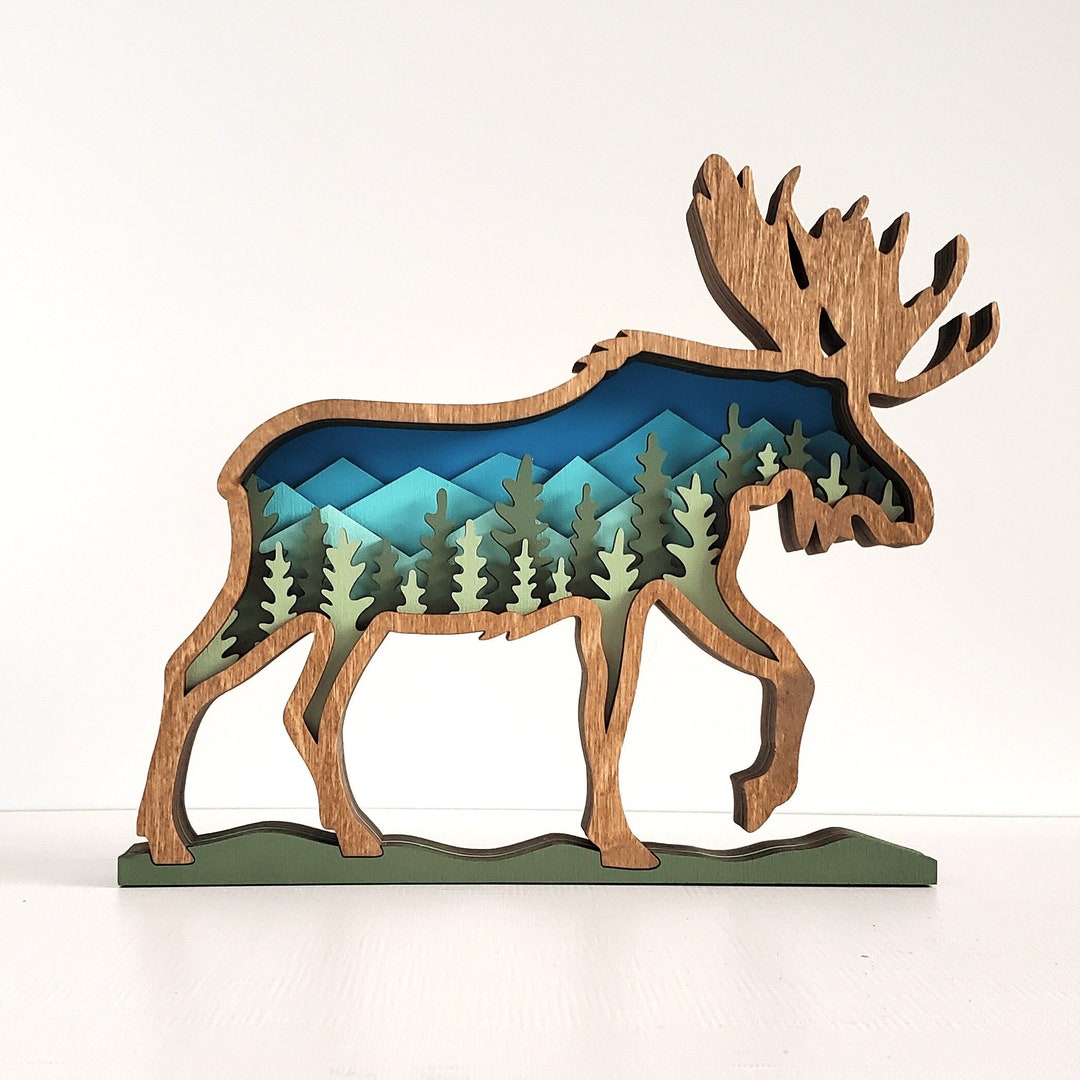 Layered Moose Art With Mountains and Trees, Gift for Outdoor Lover Home ...