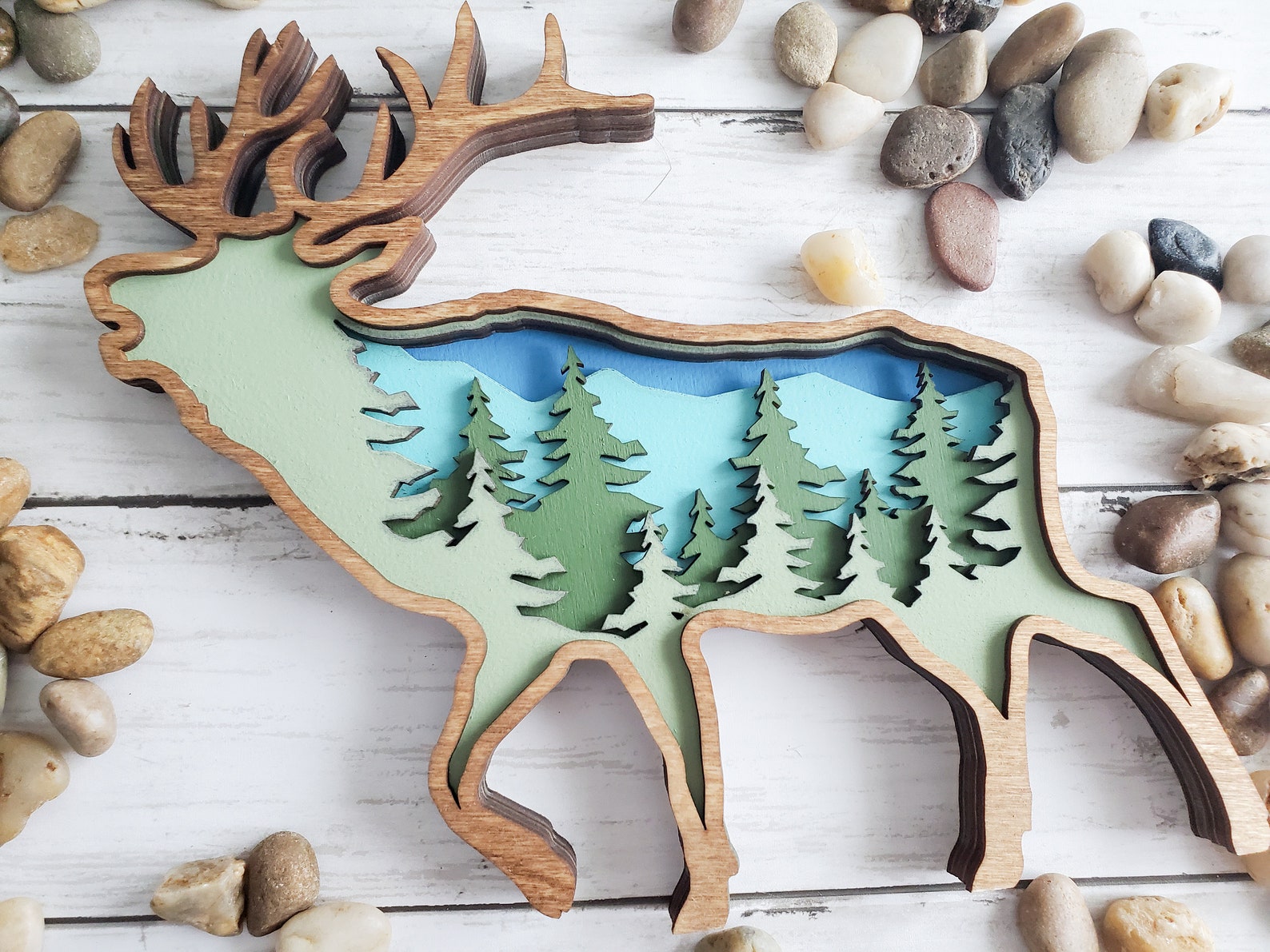 Layered Elk Art With Mountains and Trees Gift for Outdoor | Etsy