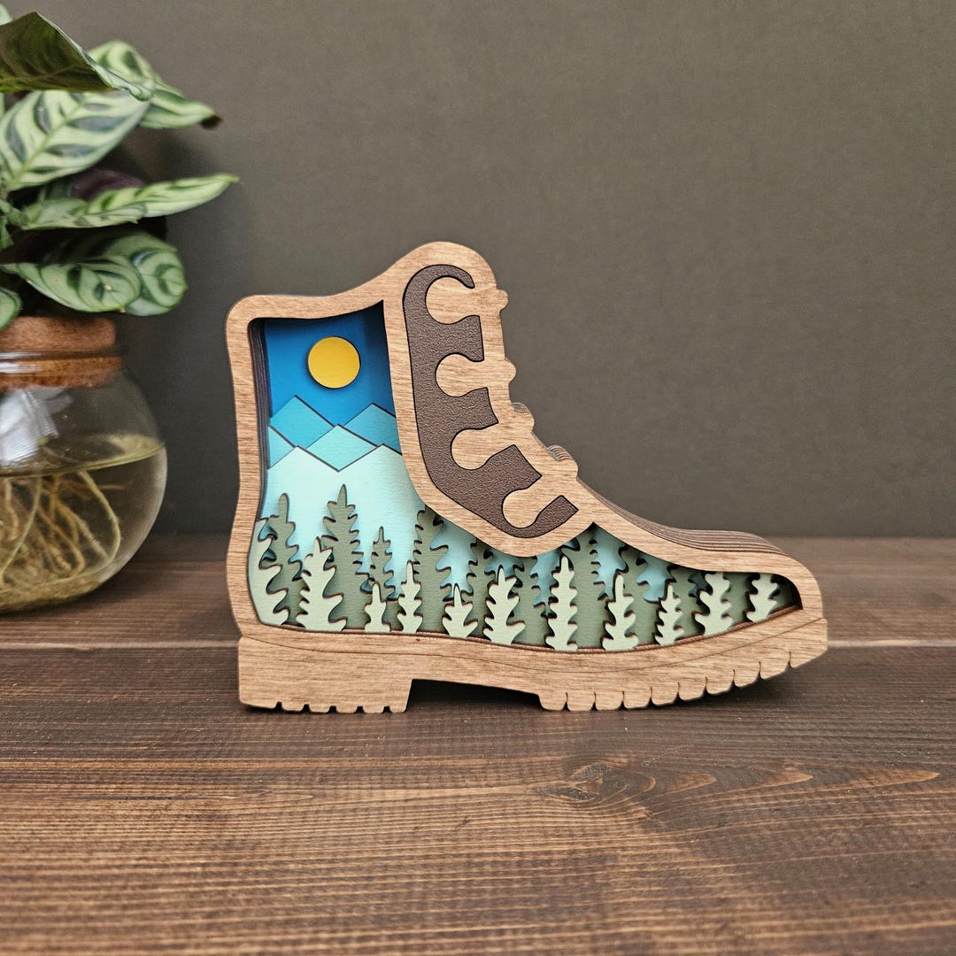 3D Layered Hiking Boot Art – Wooden Hiking Boot Decor With Mountains ...