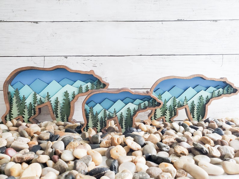 Layered Bear Art With Mountains and Trees Great Gift for | Etsy