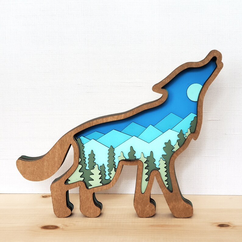 Layered Wolf Art 3D Wall Art Mountains and Trees Outdoor - Etsy