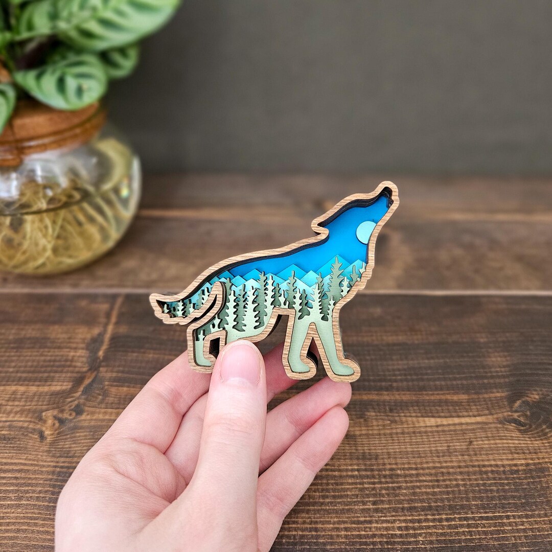 Mini Wolf Magnet – 3D Layered Wood Howling Wolf With Mountains and ...