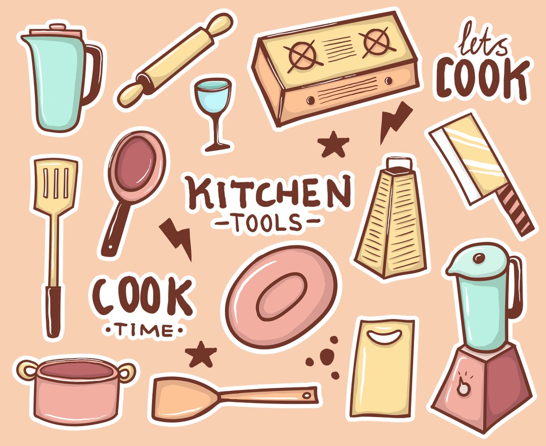 Hand Drawn Colorful Kitchen Tools Stickers SVG Bundle Cookhouse ...