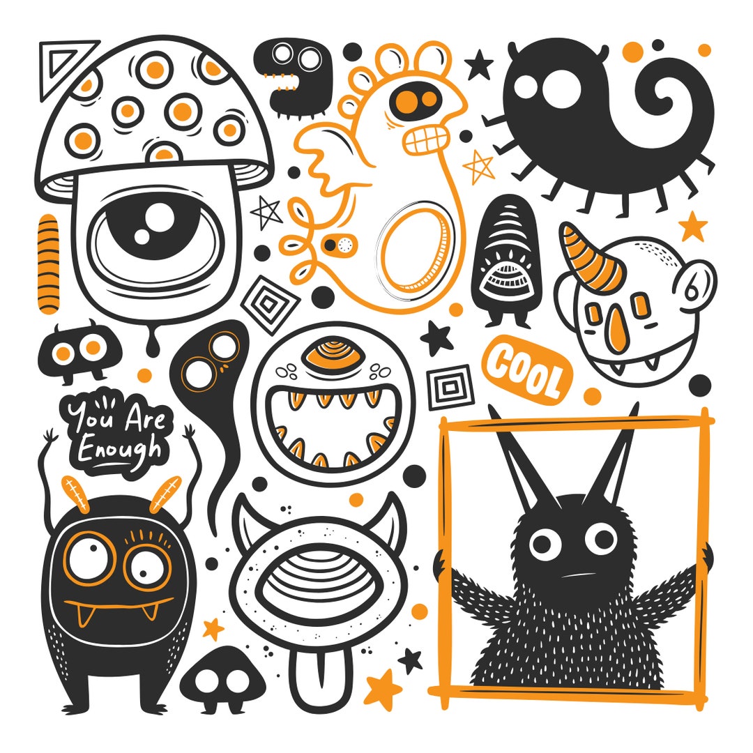 Hand Drawn Cute Monsters Stickers SVG Bundle Digital Illustration Pack ...