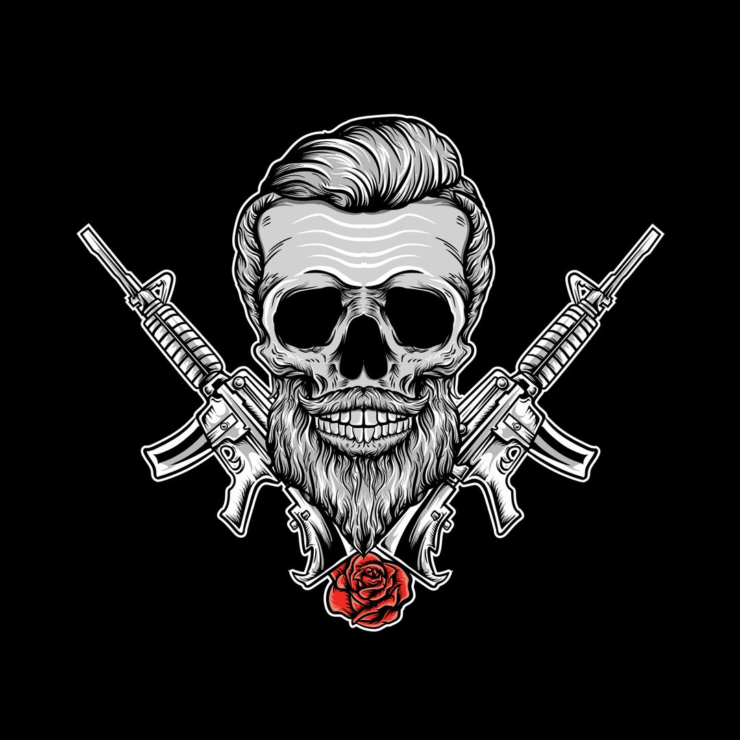 Hand Drawn Skull With M16 Rifles SVG Skeleton Head With Rose Clipart ...