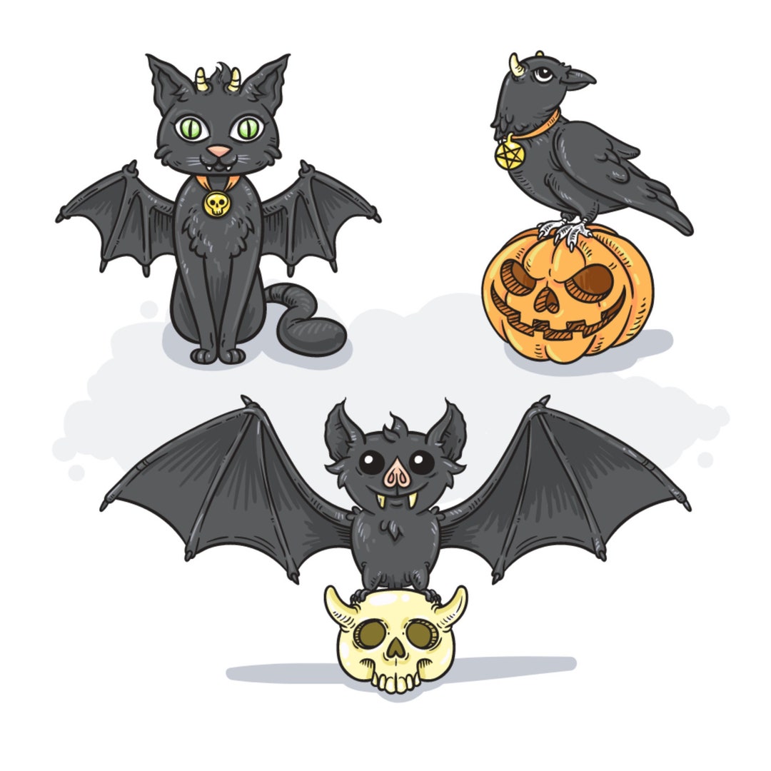 Hand Drawn Cute Halloween Characters SVG Bundle Kawaii Cat Bat Crow ...