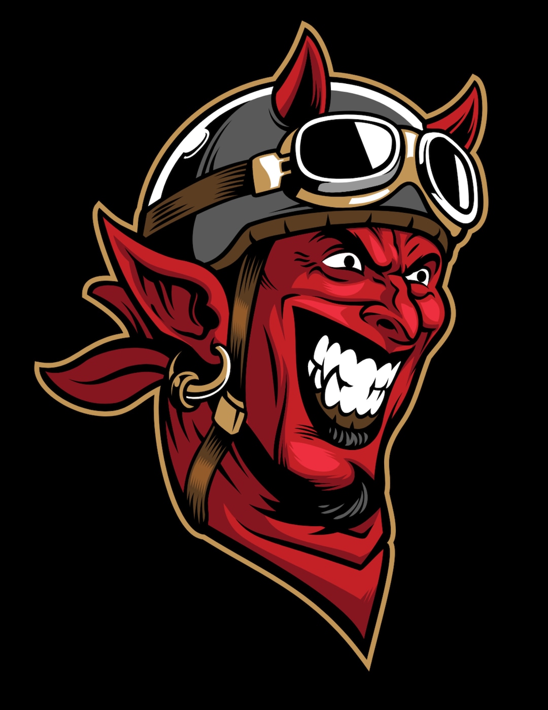 Hand Drawn Smiling Red Devil in Helmet With Horn Black Sunglasses and ...