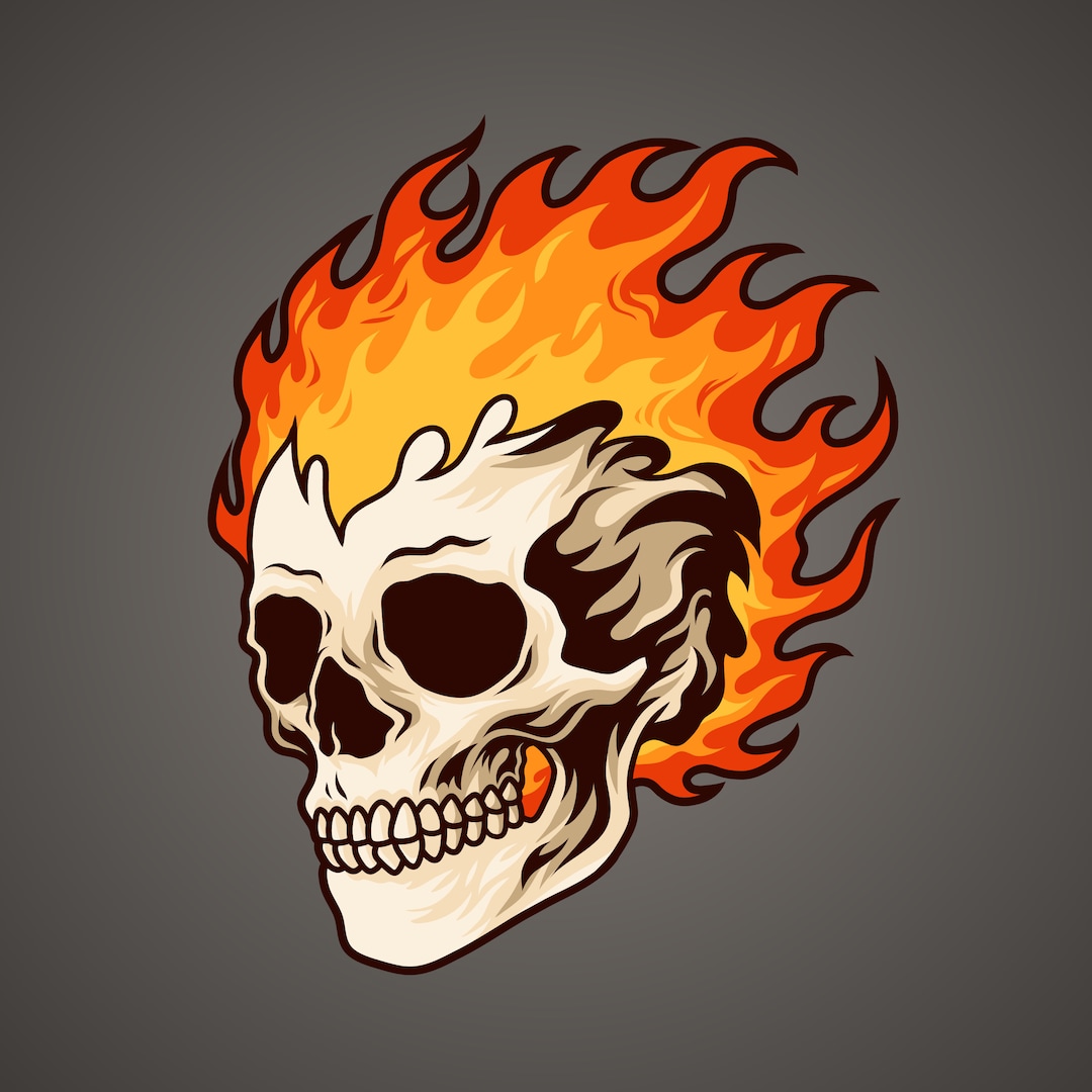 Skull on Fire SVG: Hand Drawn Skeleton Head Clipart (digital Download ...