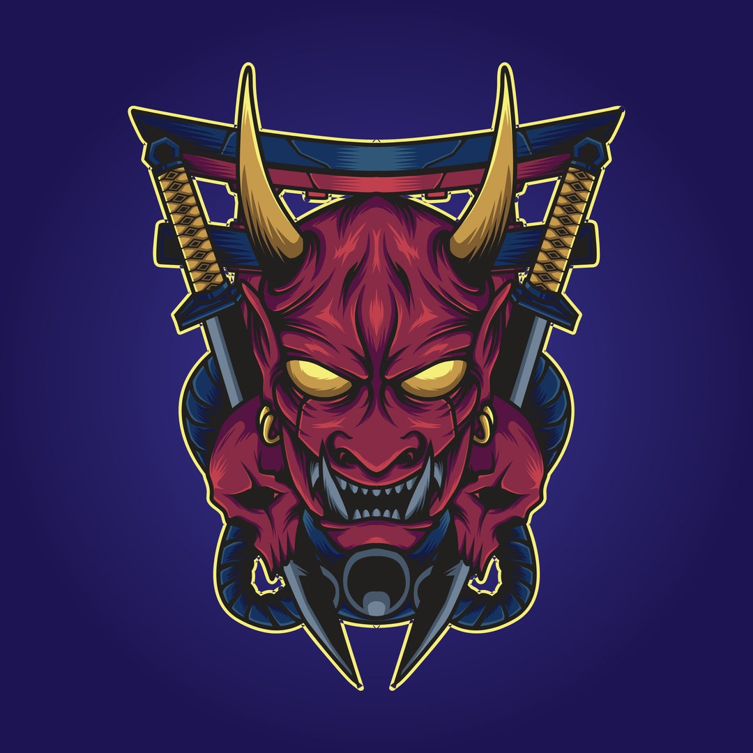 Hand Drawn Japanese Evil Oni Mask SVG Asian Demon Digital Illustration ...