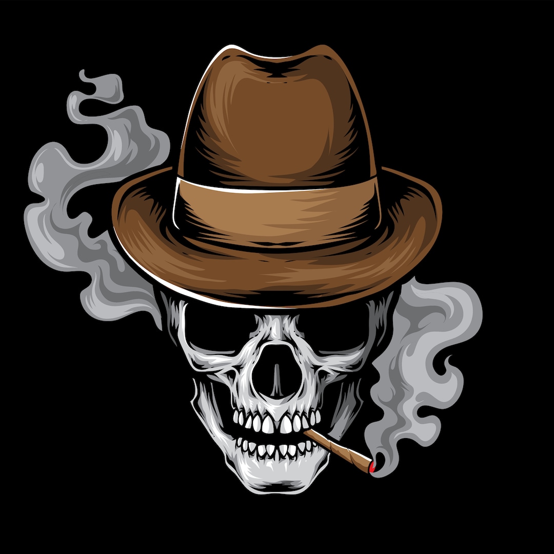 Hand Drawn Mafia Boss Skull in Hat With Cigar SVG Illustration Thug ...
