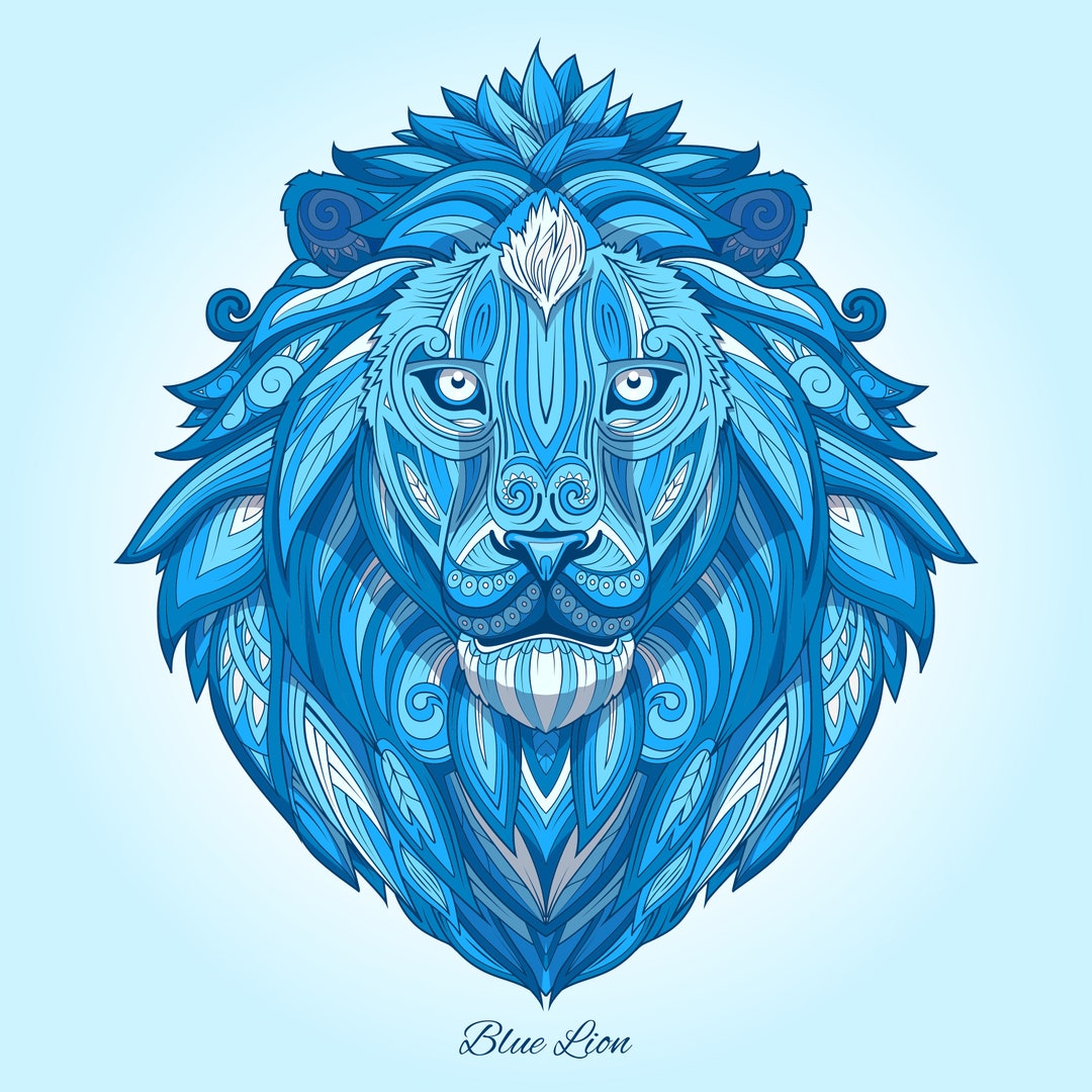 Hand Drawn Blue Lion With Ornaments SVG Digital Illustration Wildcat ...