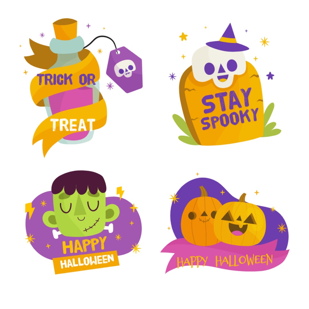 Hand Drawn Cute Halloween Spooky Stickers SVG Bundle Kawaii Labels ...