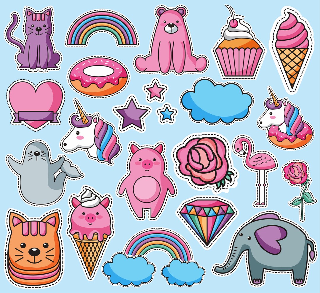 Cute Animal Stickers SVG Bundle Set of Emojis Kawaii Characters Clipart ...