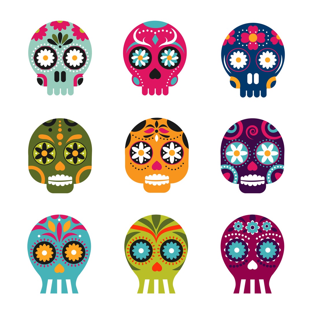 Hand Drawn Sugar Skulls SVG Bundle Mini Skeleton Collection Set Pack ...
