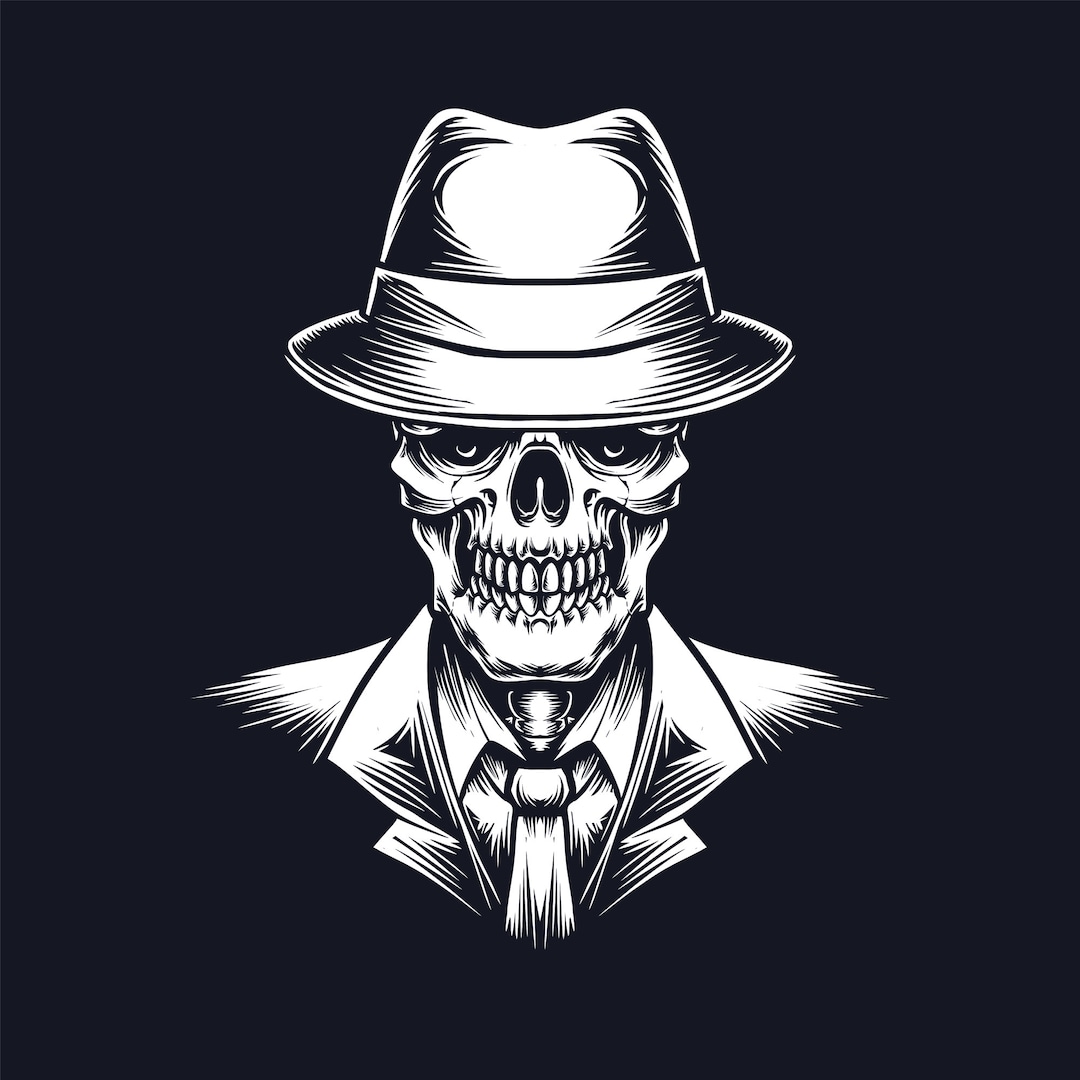 Hand Drawn Mafia Boss Skull SVG Skeleton in Hat Clipart Dead - Etsy