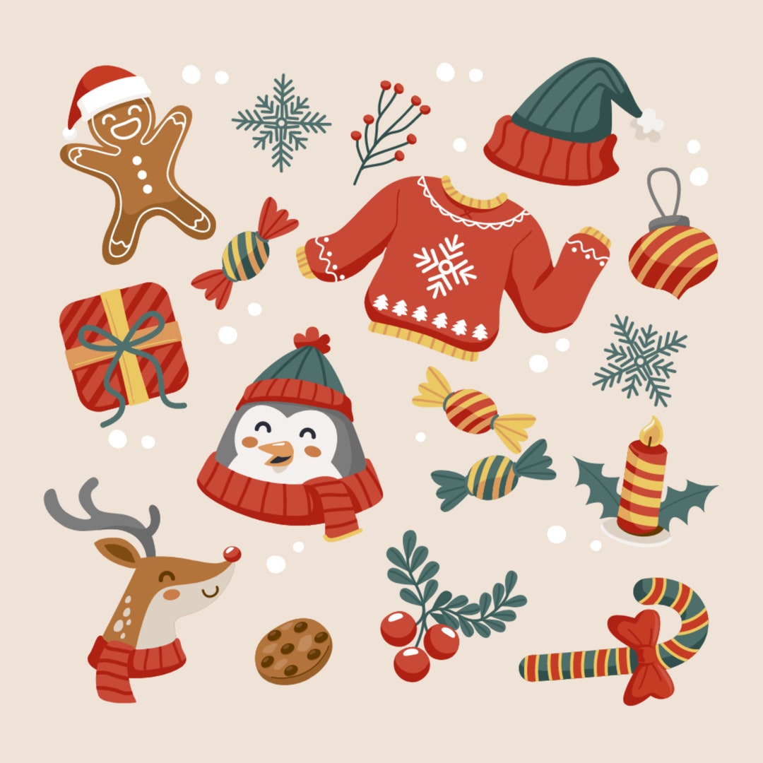 Hand Drawn Christmas Elements SVG Bundle New Year's Flat Icons ...
