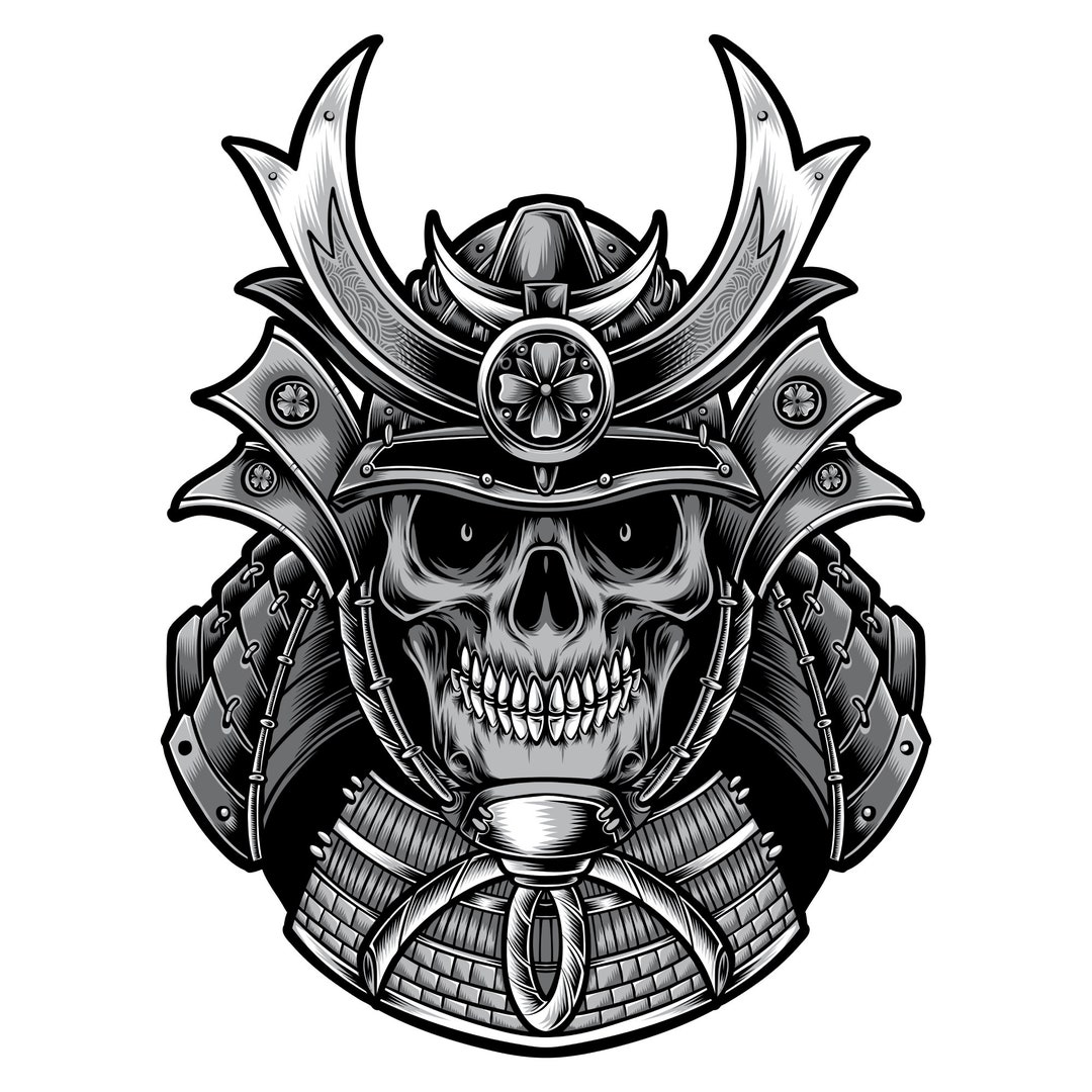 Hand Drawn Samurai Skull Illustration SVG Japan Warrior Skeleton Helmet ...