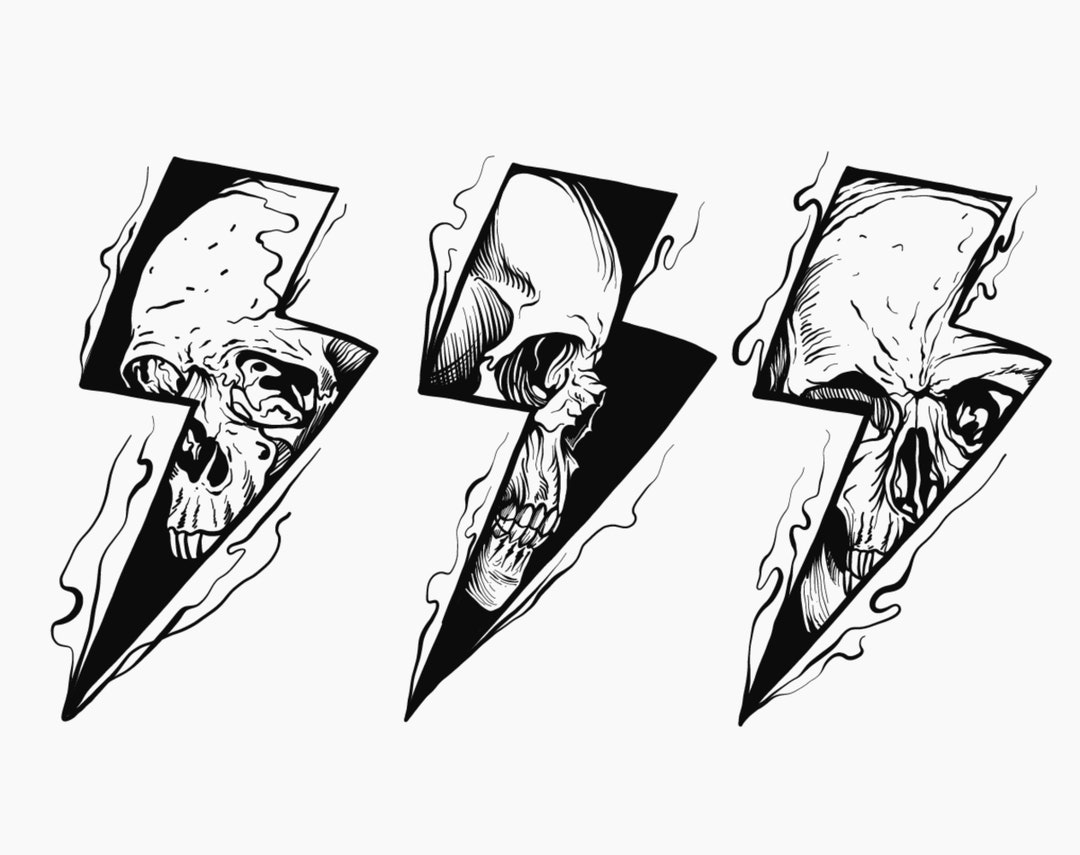 Lightning Skull Black and White Hand Drawn Illustration Skeleton Head ...