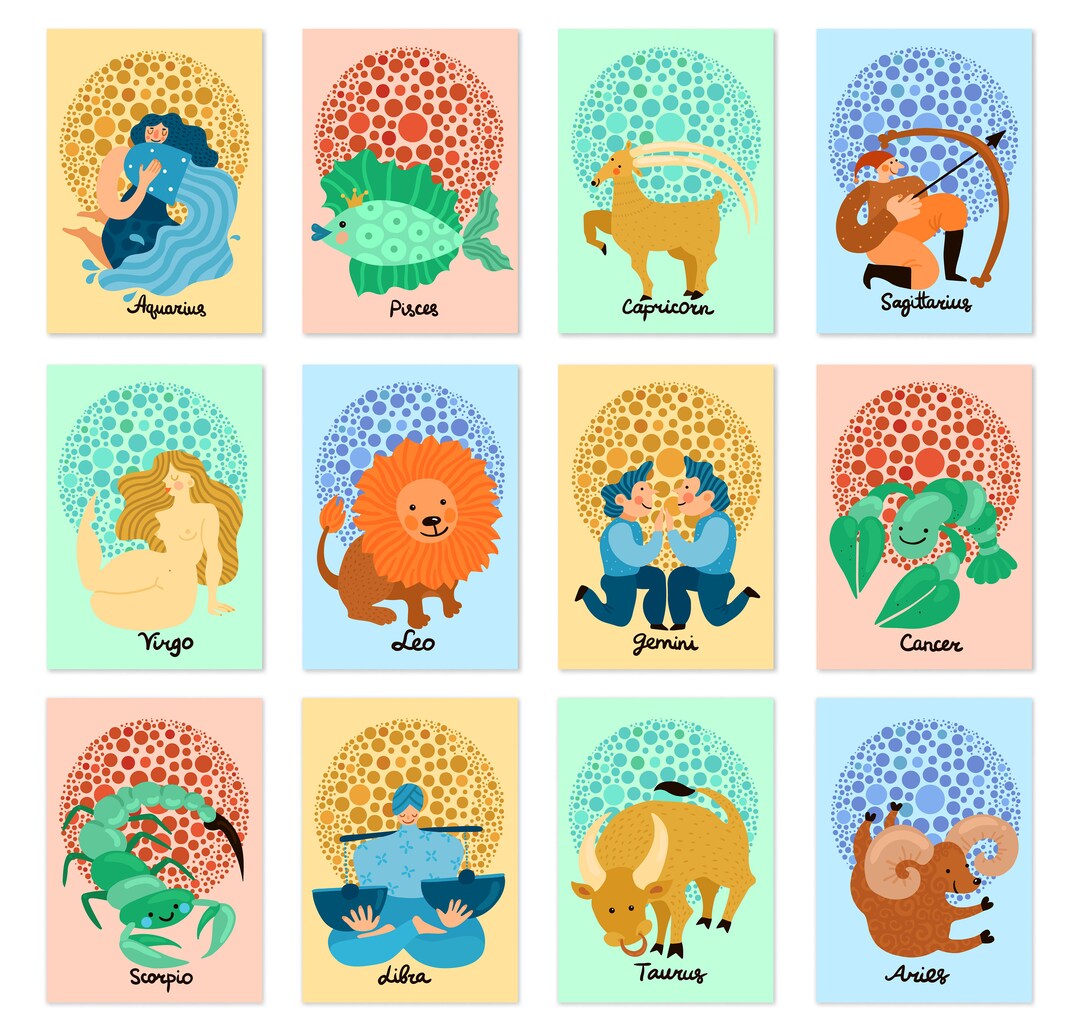 Hand Drawn Zodiac Sign Cards Illustration SVG Bundle Pastel Background ...