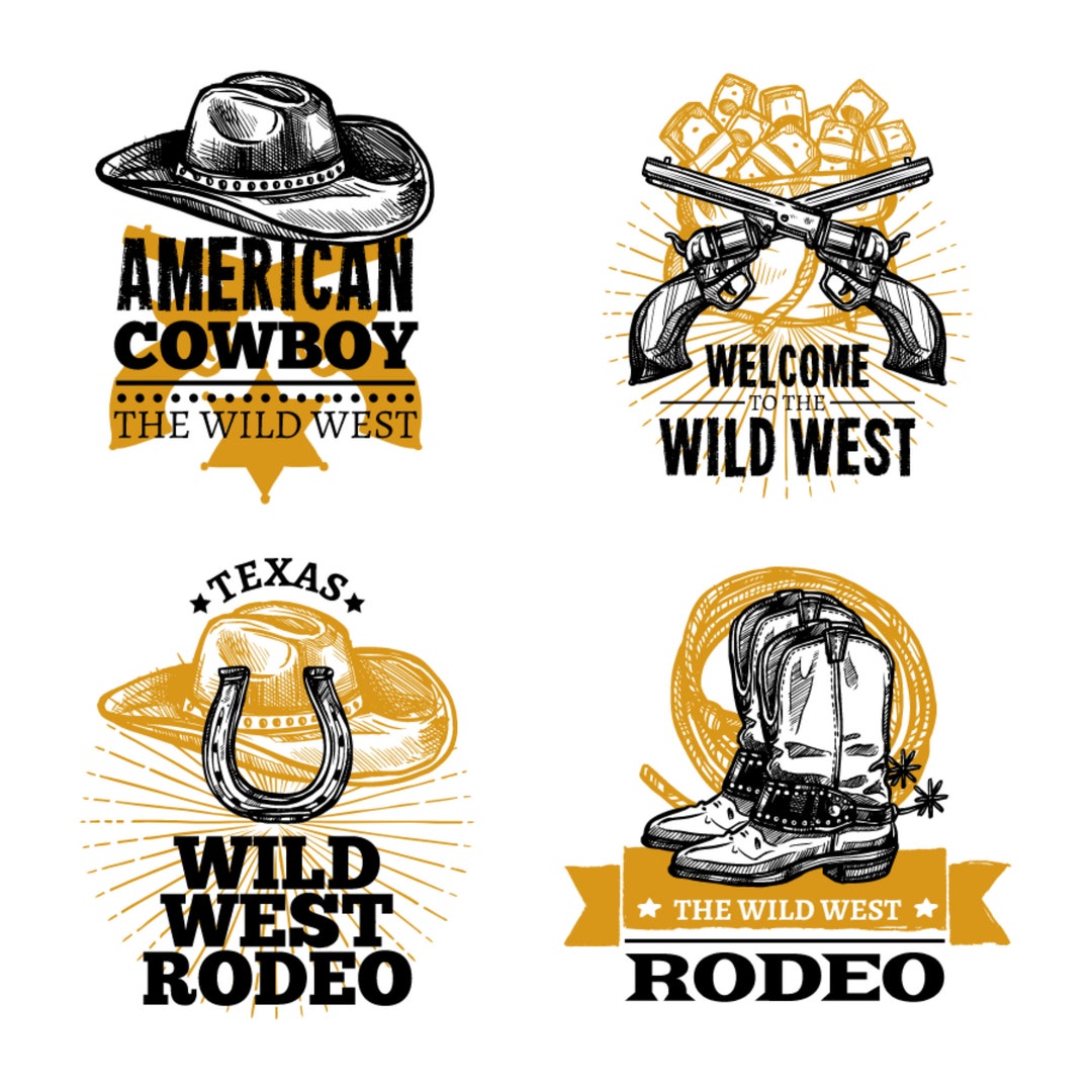 Hand Drawn Cowboy Doodle Emblems Set Illustration SVG Bundle Texas Wild ...