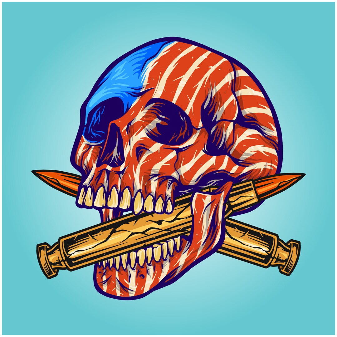 Hand Drawn Skull With Bullets American Flag Illustration SVG Skeleton ...