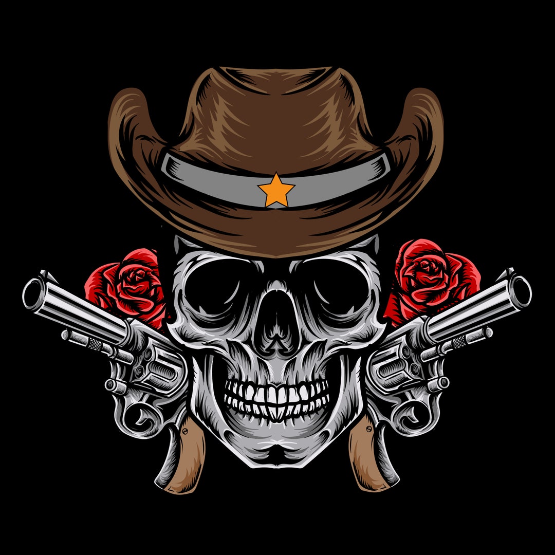 Hand Drawn Cowboy Skull With Roses and Revolvers Western SVG ...
