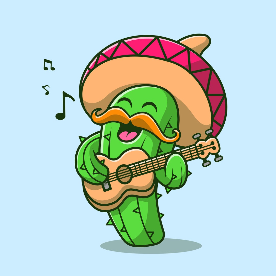 Hand Drawn Cute Cartoon Cactus Mascot Playing Guitar With Sumbrero Hat ...