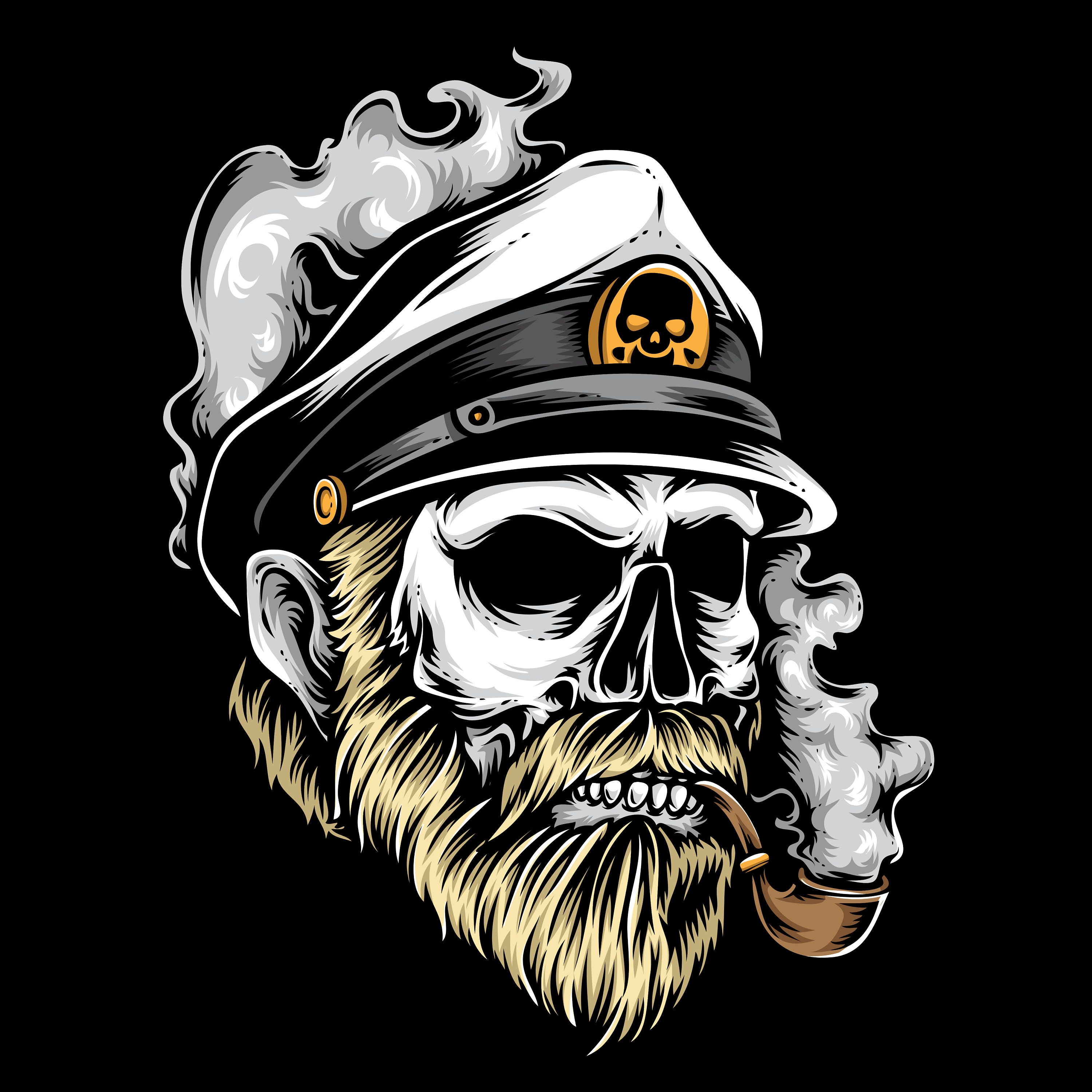 Hand Drawn Sailor Captain Skull Smoking Pipe SVG Mariner Boatman ...