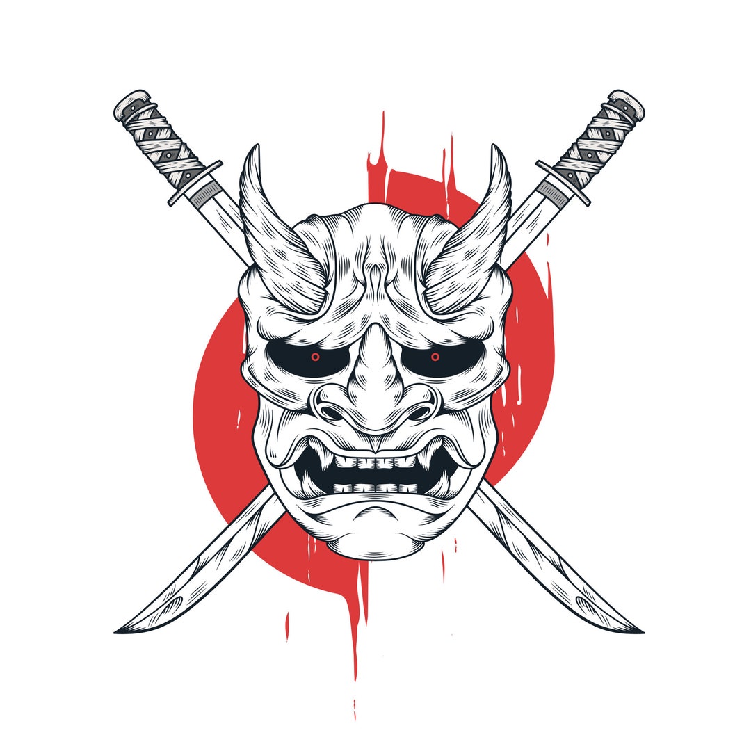 Hand Drawn Japanese Demon Mask SVG Asian Skull With Katanas and Horns ...