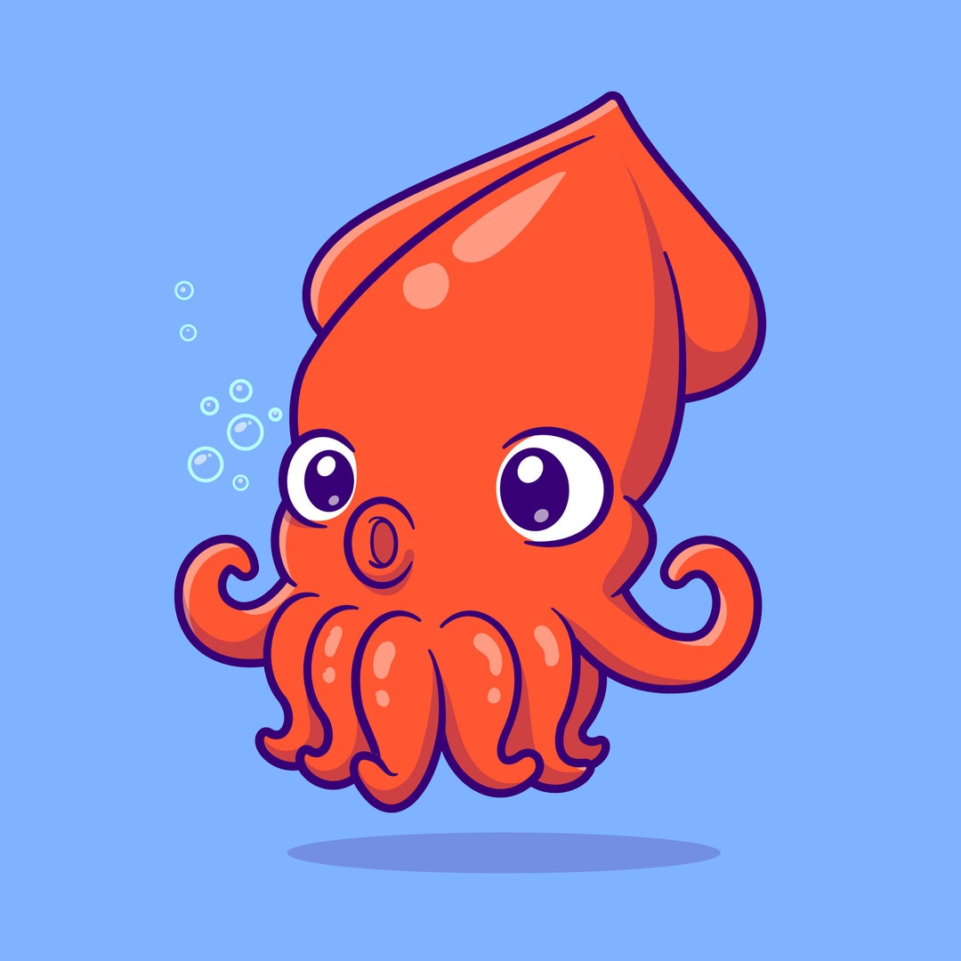 Hand Drawn Cartoon Red Squid Illustration Under Water SVG Kawaii Animal ...