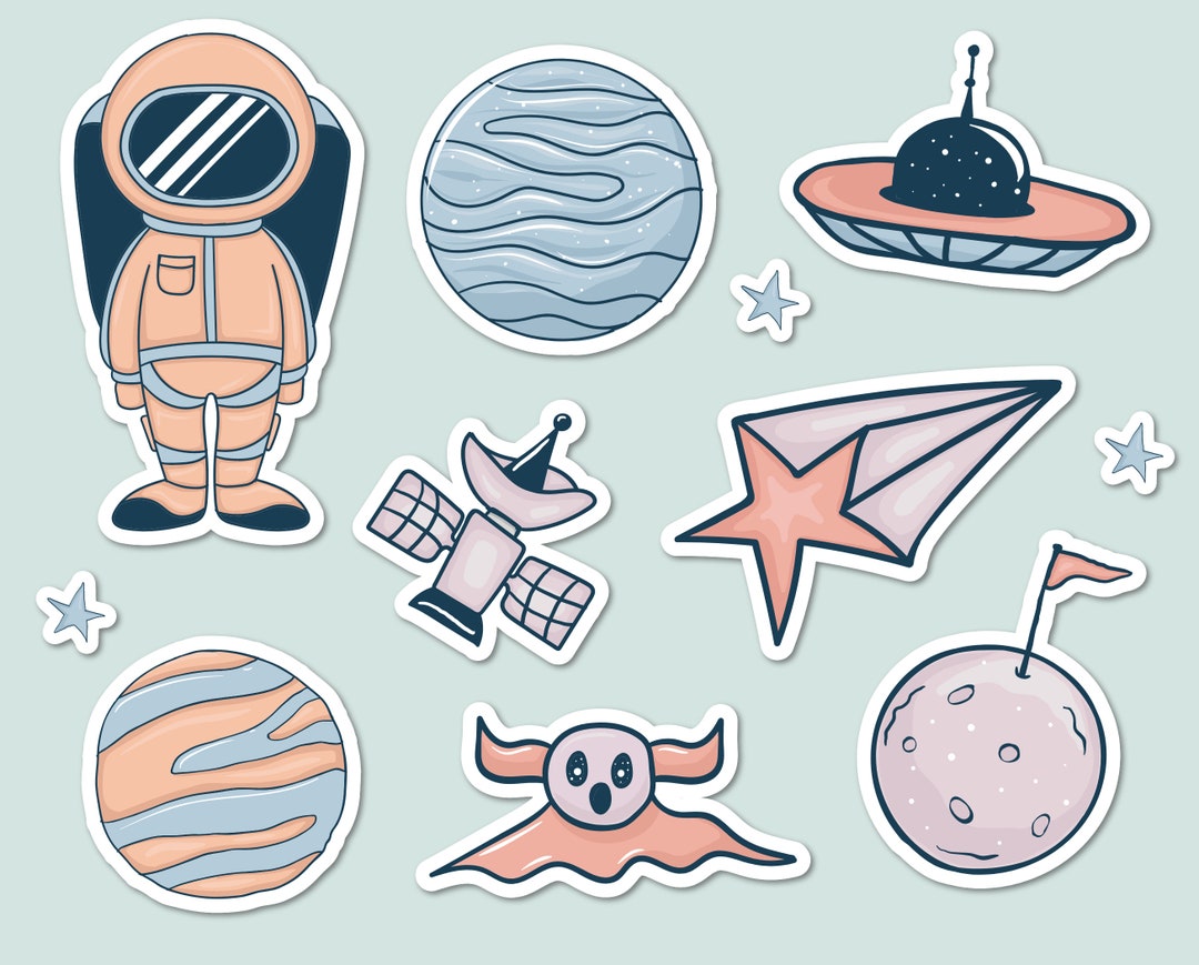 Hand Drawn Cute Space Stickers SVG Bundle Universe Ufo Alien Planet ...