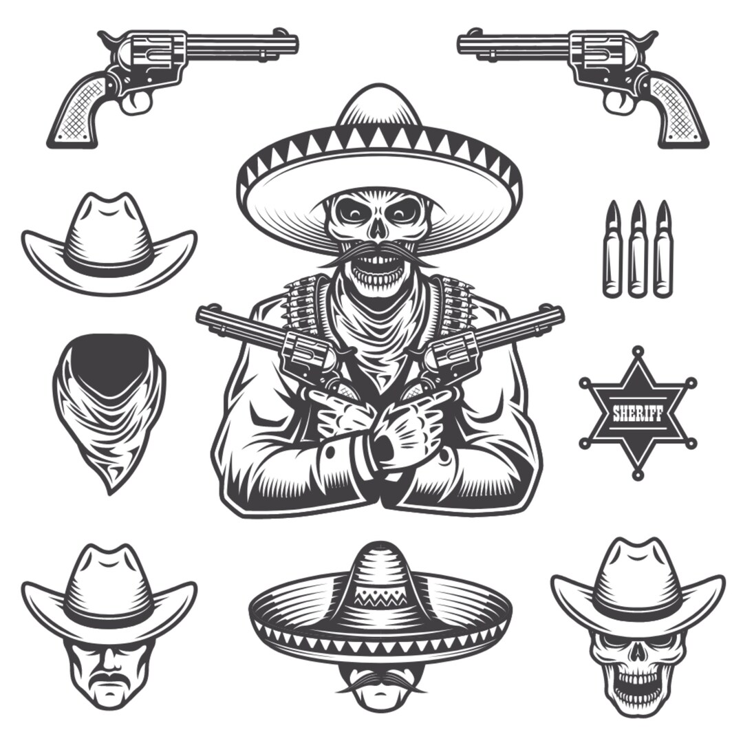Mexican Sheriff Skull SVG Bundle: Gangster Skeleton Clipart (digital ...