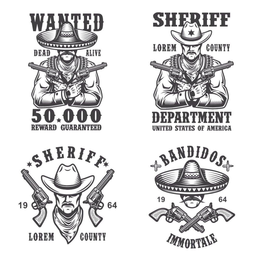 Hand Drawn Sheriff Skull Logos SVG Bundle Skeleton Bandit Emblems Set ...