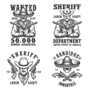 Hand Drawn Sheriff Skull Logos SVG Bundle Skeleton Bandit Emblems Set ...
