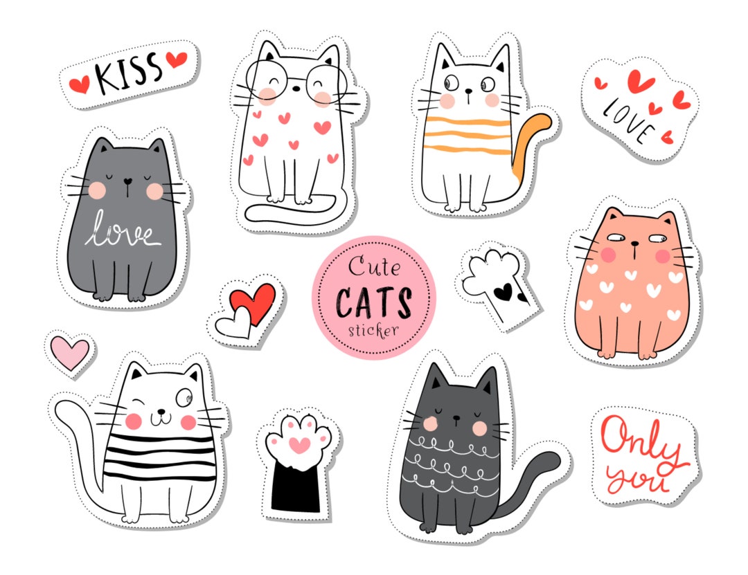 Hand Drawn Fluffy Cat Stickers SVG Bundle Cute Pets Kawaii Kitten ...