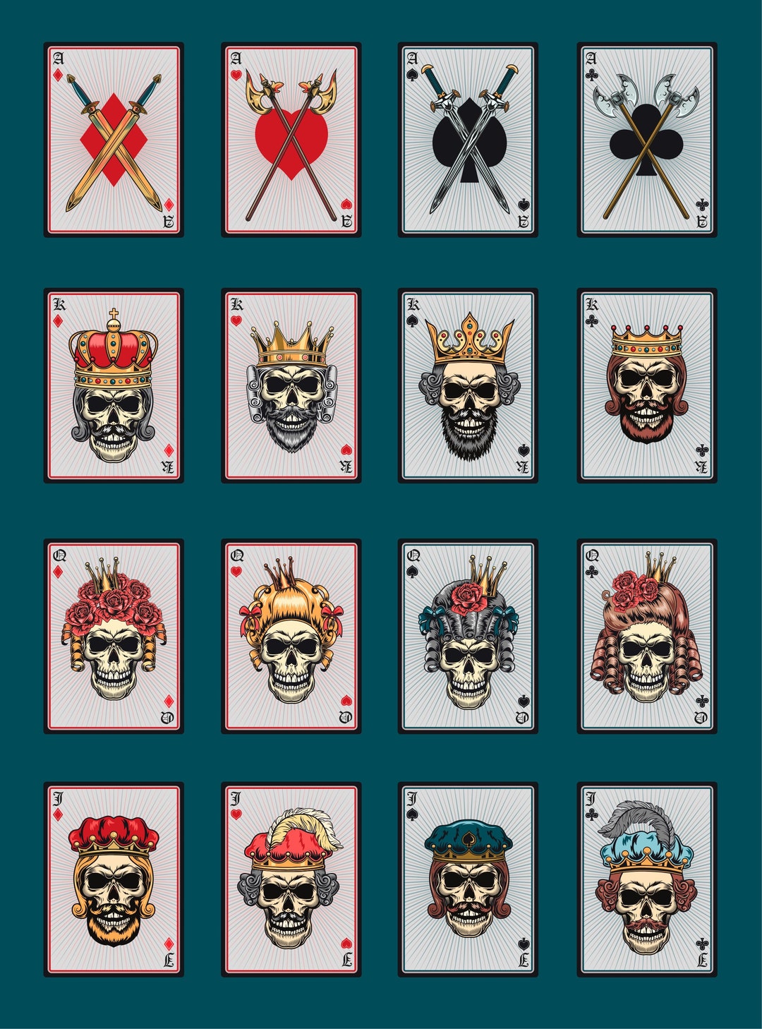 Hand Drawn Skull Playing Card Illustration SVG Bundle Skeleton Poker ...