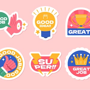 Good Job Funny Stickers SVG Bundle Great Super Good Idea Flat Icons Set ...