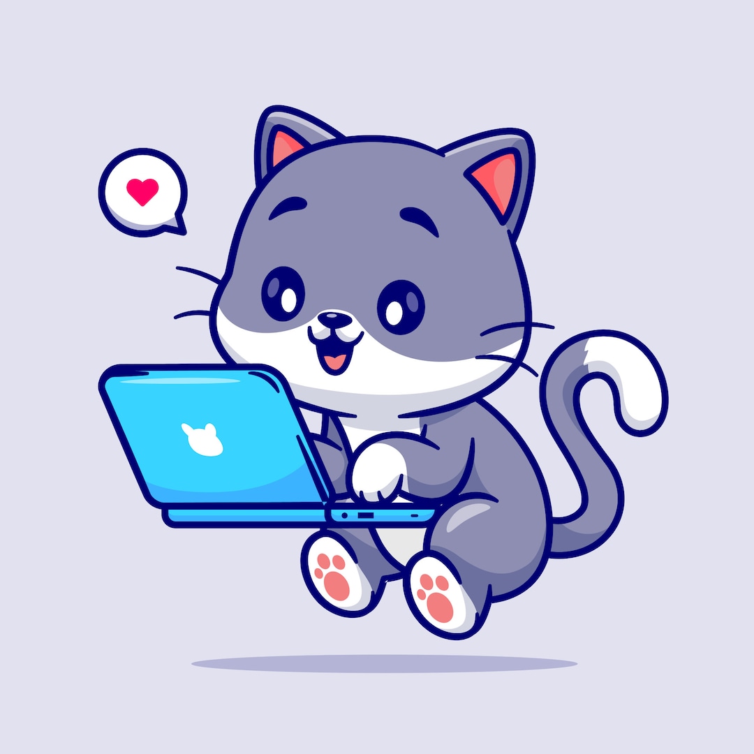 Hand Drawn Cartoon Cat Working on Laptop Illustration SVG Cute Kitty ...