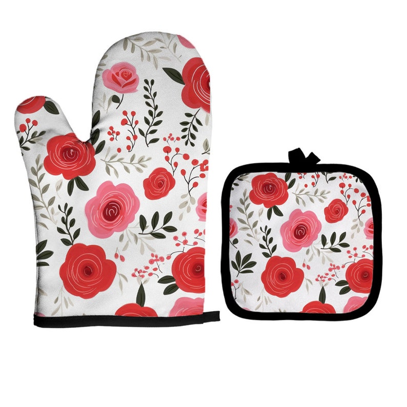 Floral Oven Mitt and Pot Holder Set, Pink and Red Rose Pattern ...