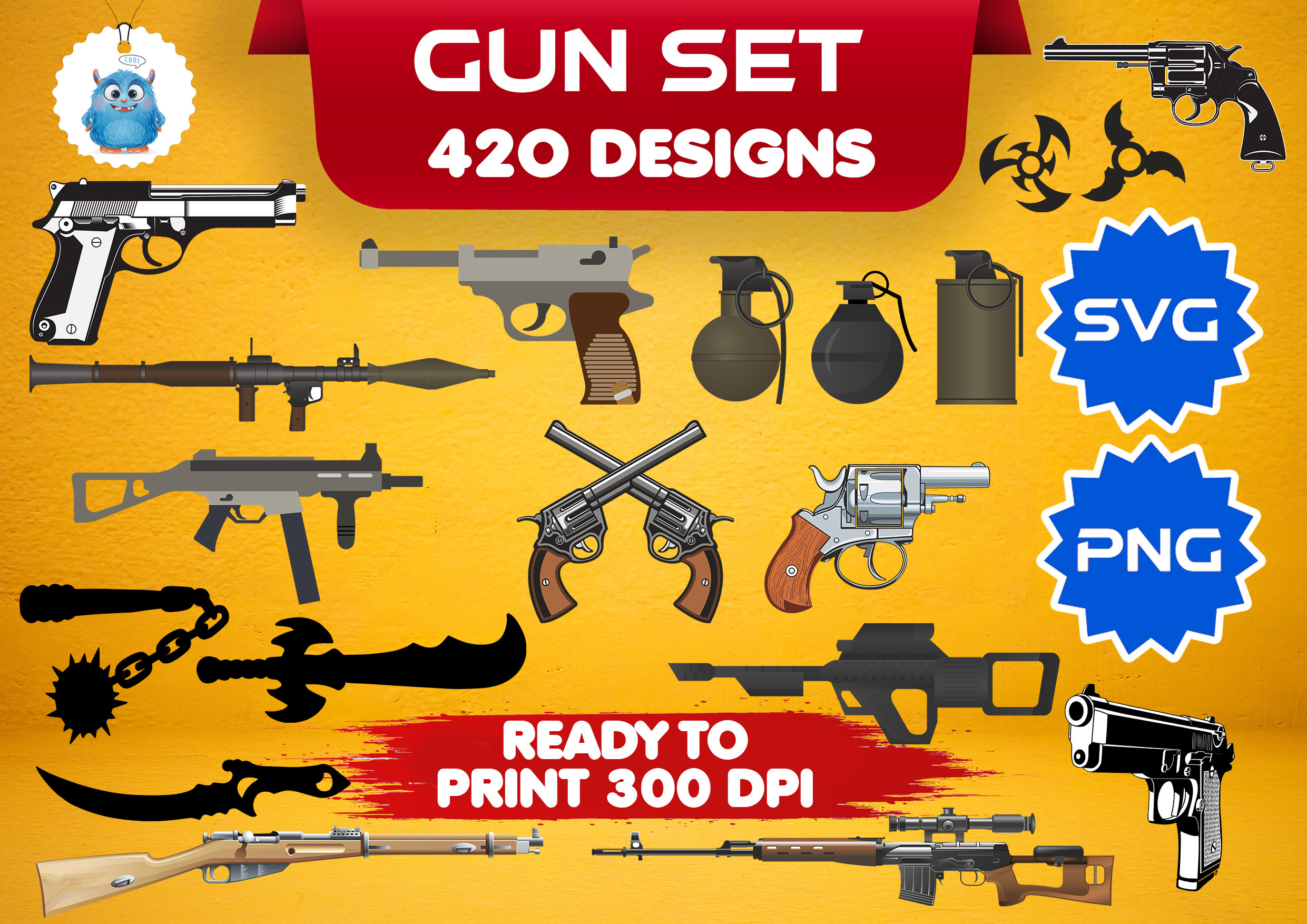 GUN BUNDLE SVG Png , Gun Clipart, Weapon Svg, Pistol Svg, Crossed Gun ...
