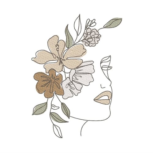 Line Art Woman With Flower Embroidery Design - Etsy