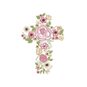 Floral Cross Embroidery Design, Flower Machine Embroidery File, 3 Sizes ...