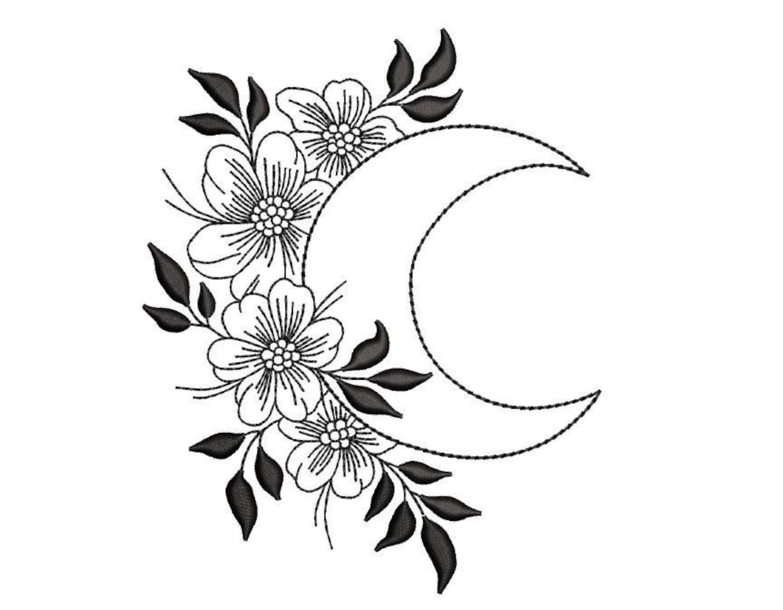 Flowers and Moon Embroidery Design 4 Sizes Instant Download - Etsy