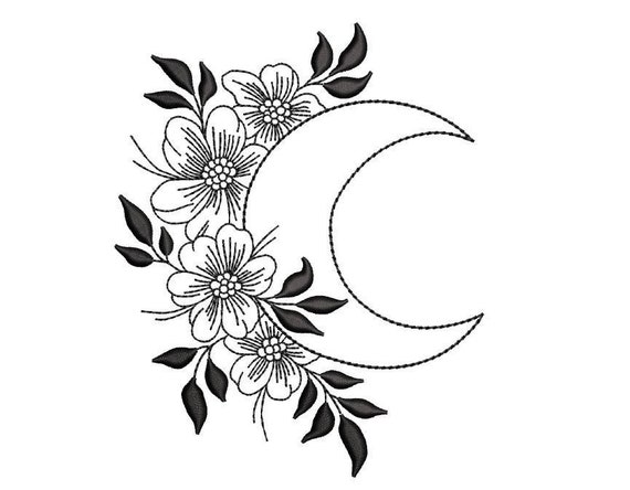 Flowers and Moon Embroidery Design 4 Sizes Instant Download | Etsy