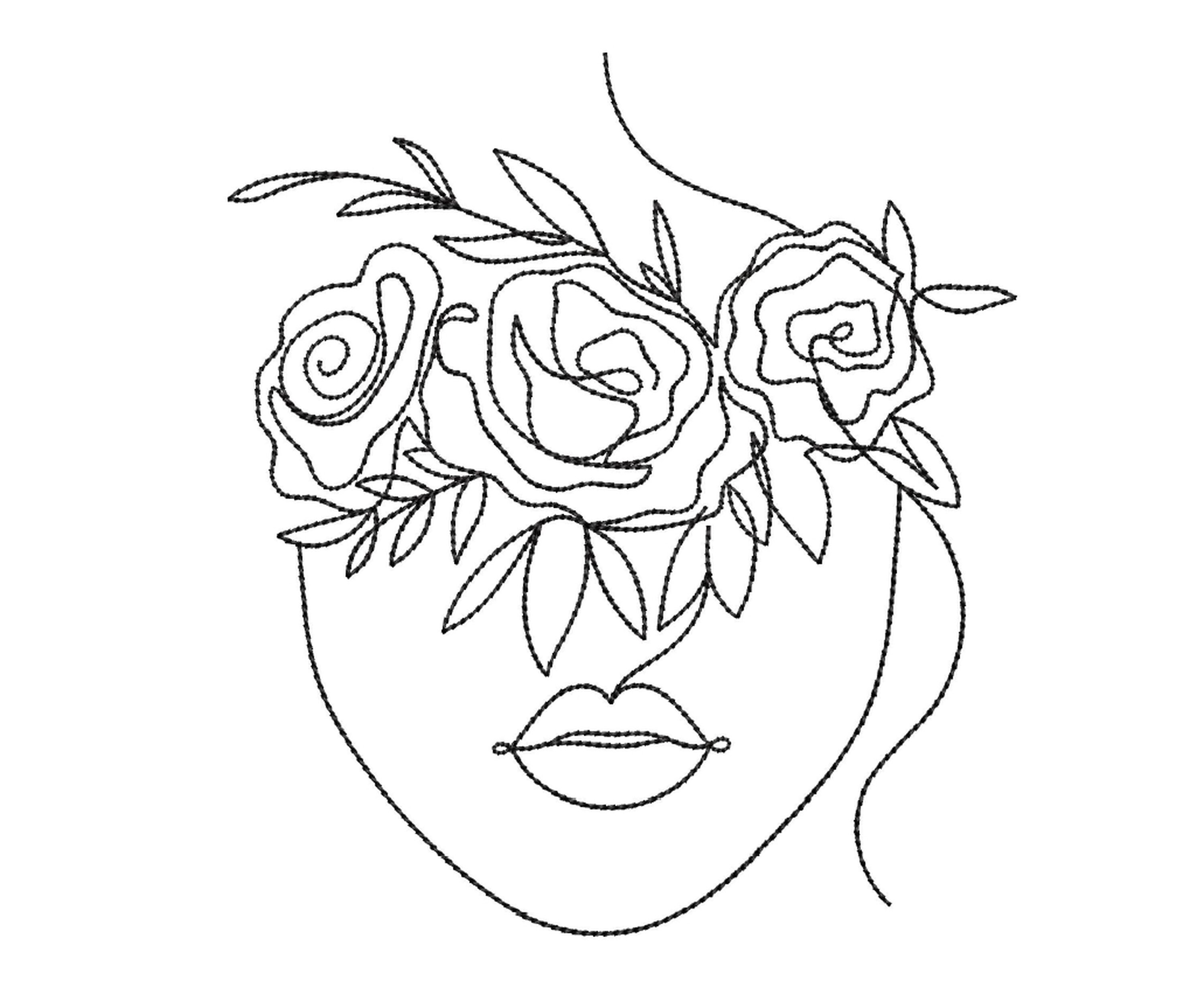 One line face with flowers embroidery design | Etsy