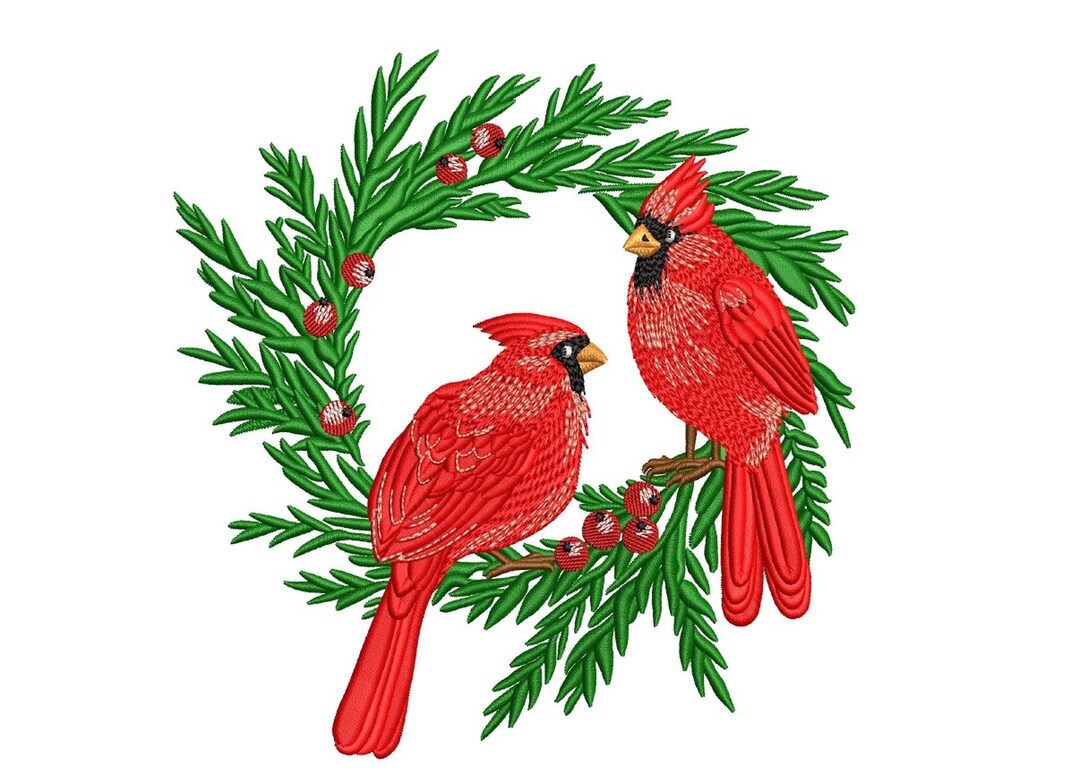 Cardinal Embroidery Design, Christmas Wreath With Birds Embroidery File ...