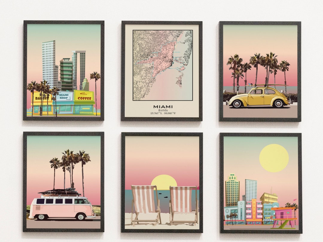 Miami City Prints, Miami Colourful Prints Set of 6, Miami Wall Art ...