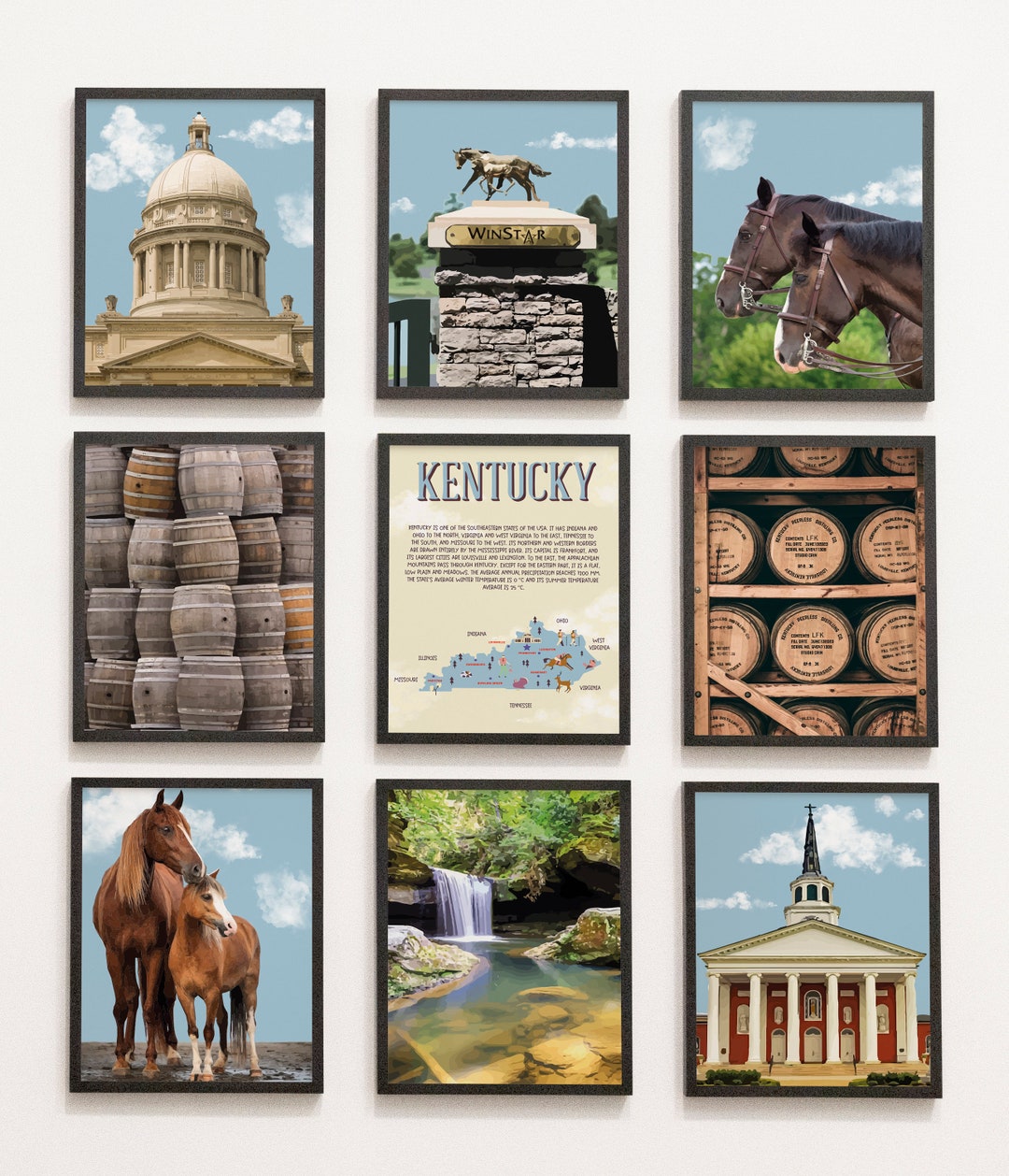 Kentucky State Prints Set of 9, Kentucky Colourful Prints, Kentucky ...